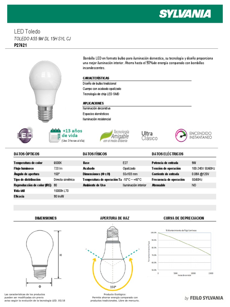 Ficha Tecnica Foco 9w Sylvania EDITADO | PDF | Encendiendo | Diodo emisor de luz