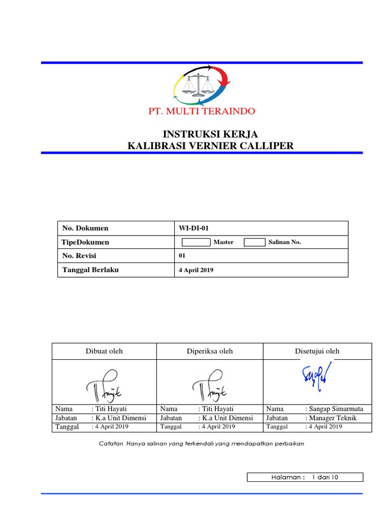 Instruksi Kerja Kalibrasi Vernier Caliper - Rev.01 | PDF