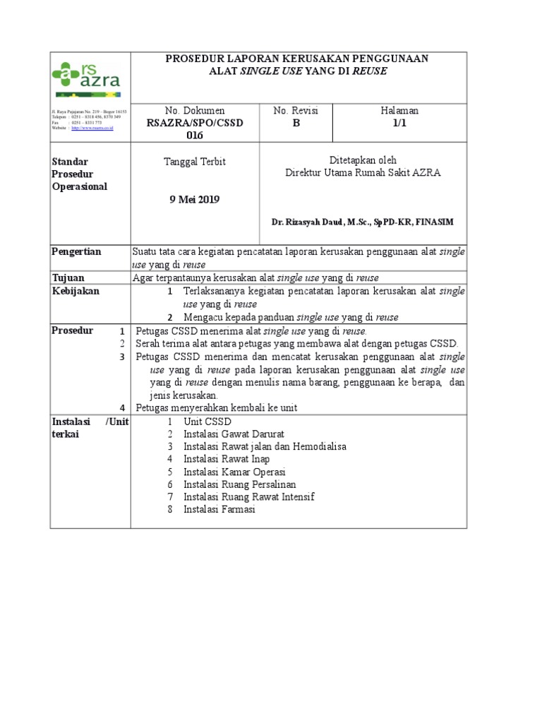016 - Prosedur Laporan Kerusakan Penggunaan Alat Re Use CSSD | PDF