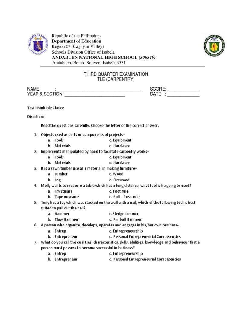First TLE EXAM | PDF | Lumber | Occupational Safety And Health