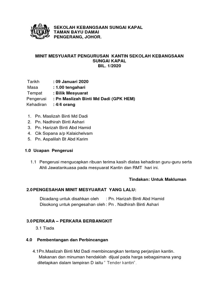 Minit Mesyuarat Kantin 2020 | PDF