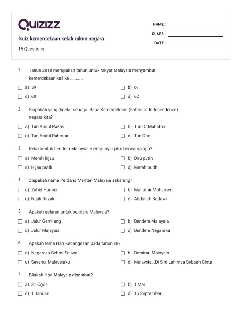 Kuiz Kemerdekaan Kelab Rukun Negara - Print - Quizizz | PDF
