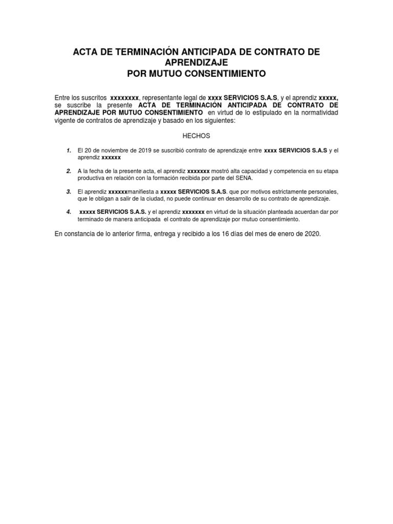 Acta de Terminación Anticipada de Contrato de Aprendizaje | PDF Acta de Terminación Anticipada de Contrato de Aprendizaje | PDF