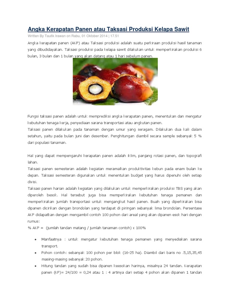 Angka Kerapatan Panen Atau Taksasi Produksi Kelapa Sawit | PDF | Kesehatan Holistik | Sains ...