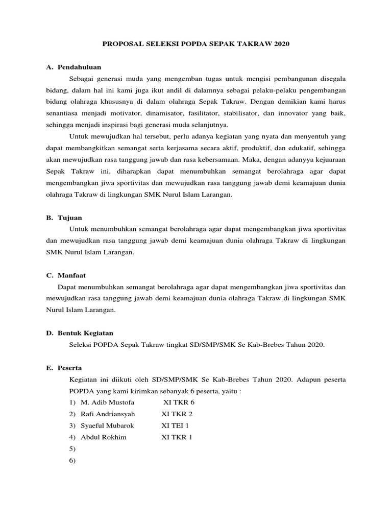 Proposal Seleksi Popda Sepak Takraw 2020 | PDF