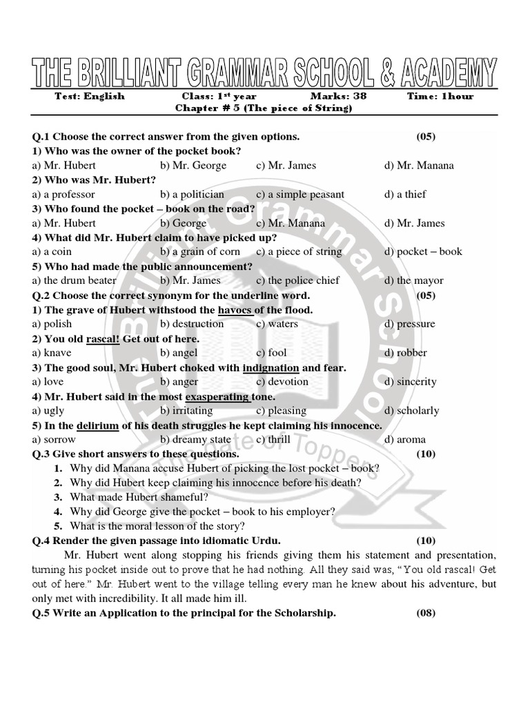 English 1st Year CH # 5 (The Piece of String) | PDF | General Fiction