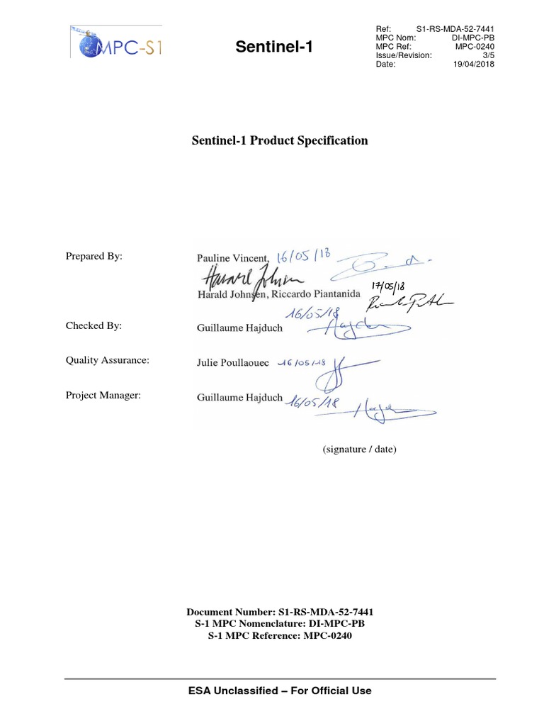 Sentinel 1 Product Specification | PDF | Metadata | File Format
