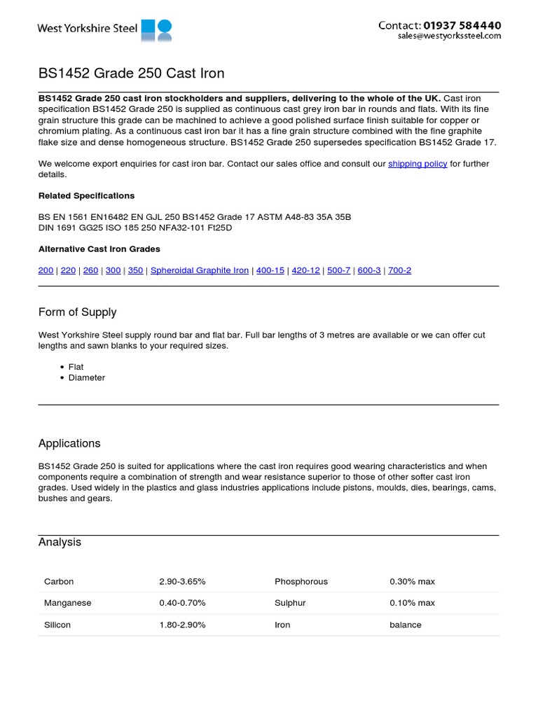 bs1452 Grade 250 | PDF | Cast Iron | Iron