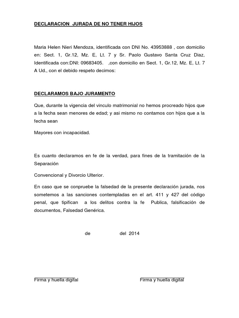 Declaracion Jurada de No Tener Hijos | PDF | Divorcio | Matrimonio