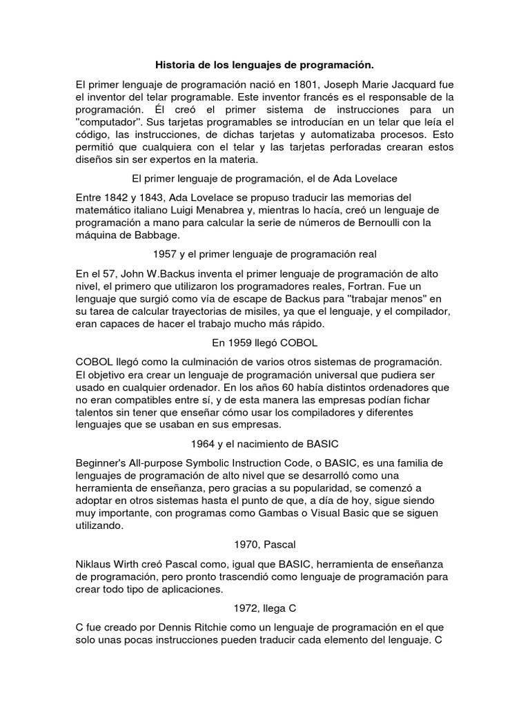 Historia de Los Lenguajes de Programación | PDF | Lenguaje de ...