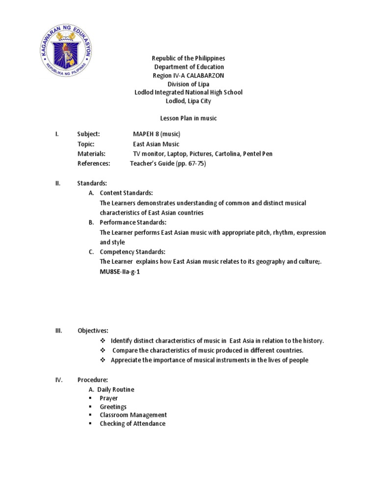 Lesson Plan Music 8 East Asian | PDF | East Asia | Lesson Plan