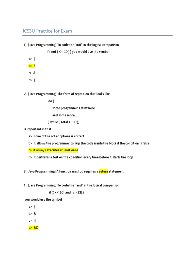 ICS3C Practice For Exam - Multiple Choice - SOLUTION 3 | PDF | Computer Program | Programming