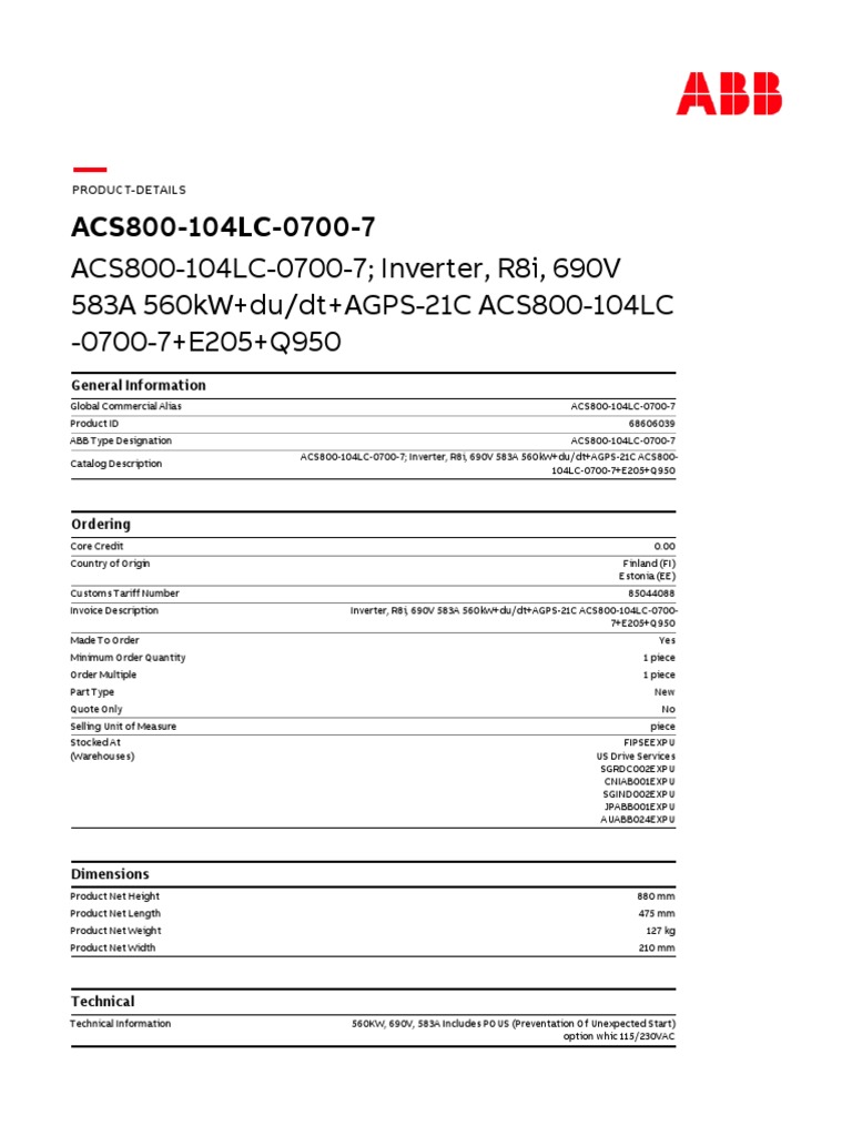 Acs800 104lc 0700 7 Inverter R8i 690v 583a 560kwdu Dtagps 21c Acs800 ...