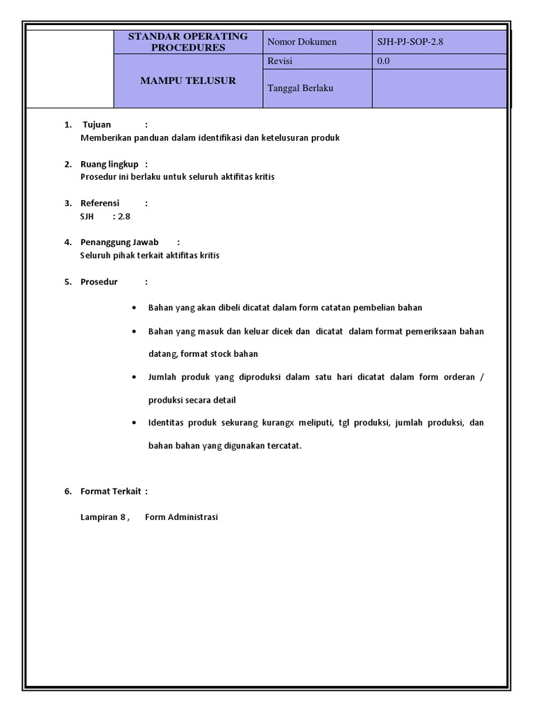 SOP Traceability Atau Mampu Telusur (Contoh) | PDF