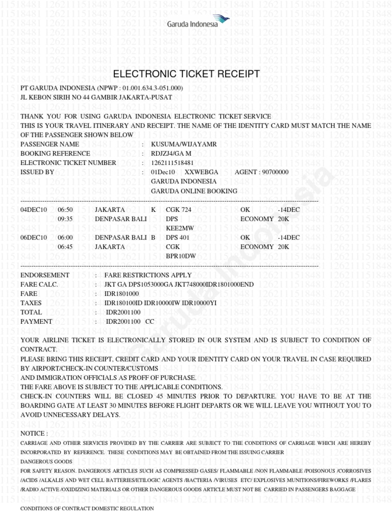 Garuda Indonesia Electronic Ticket Receipt | PDF | Business