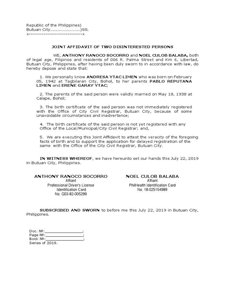 Joint Affidavit of Birth Registration (Of Age) | PDF | Affidavit ...