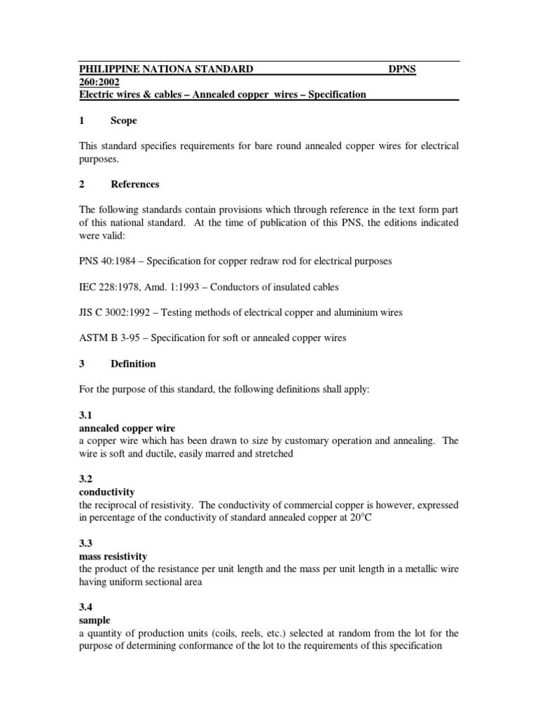 PNS 260 2002 - Annealed Copper Wires Specification - Solid - THHN - THW ...