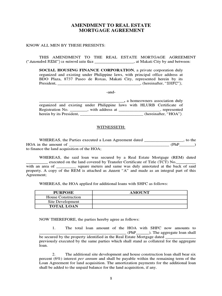 Amendment To Real Estate Mortgage Agreement | PDF | Mortgage Loan | Loans