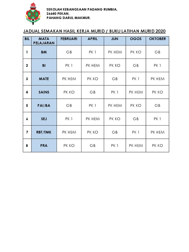 Jadual Semakan Hasil Kerja Murid Buku Latihan Murid 2019 | PDF