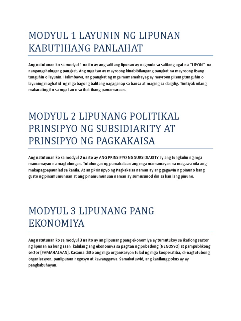 Modyul 1 Layunin NG Lipunan Kabutihang Panlahat | PDF