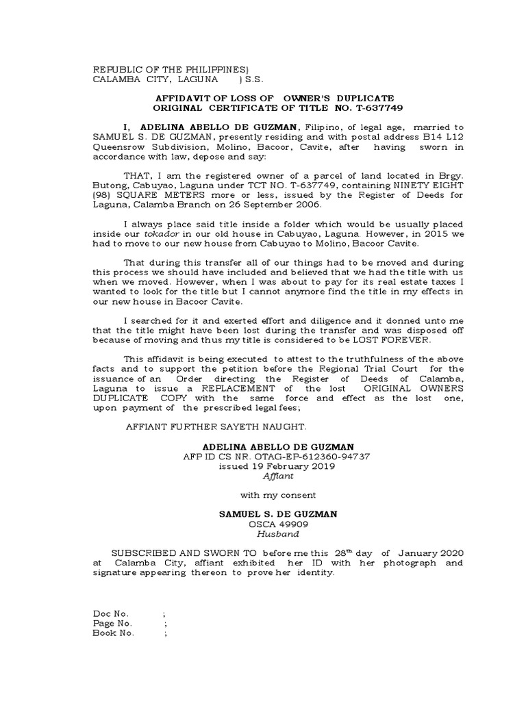 Affidavit Seeking Replacement of Lost Title | PDF | Affidavit | Civil Law (Common Law)