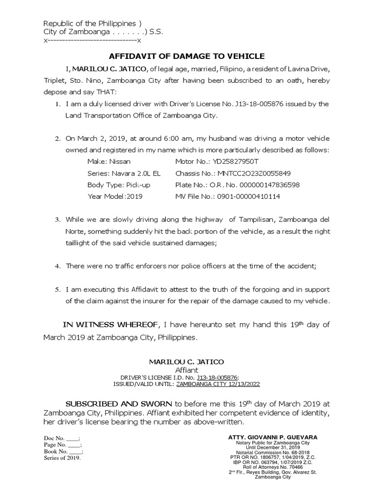 Affidavit of Damage To Vehicle | PDF | Affidavit | Civil Law (Common Law)