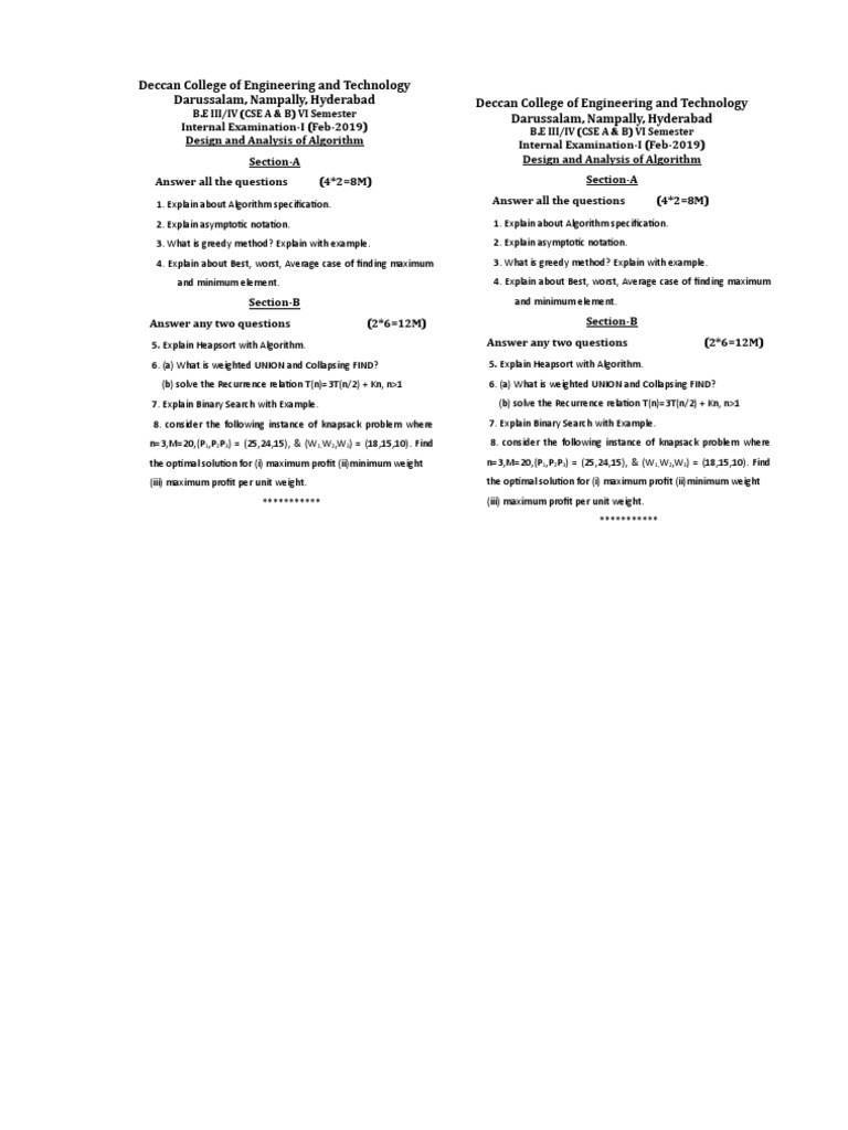 DAA First-Internal Question Paper (2019) VI Sem | PDF | Applied ...