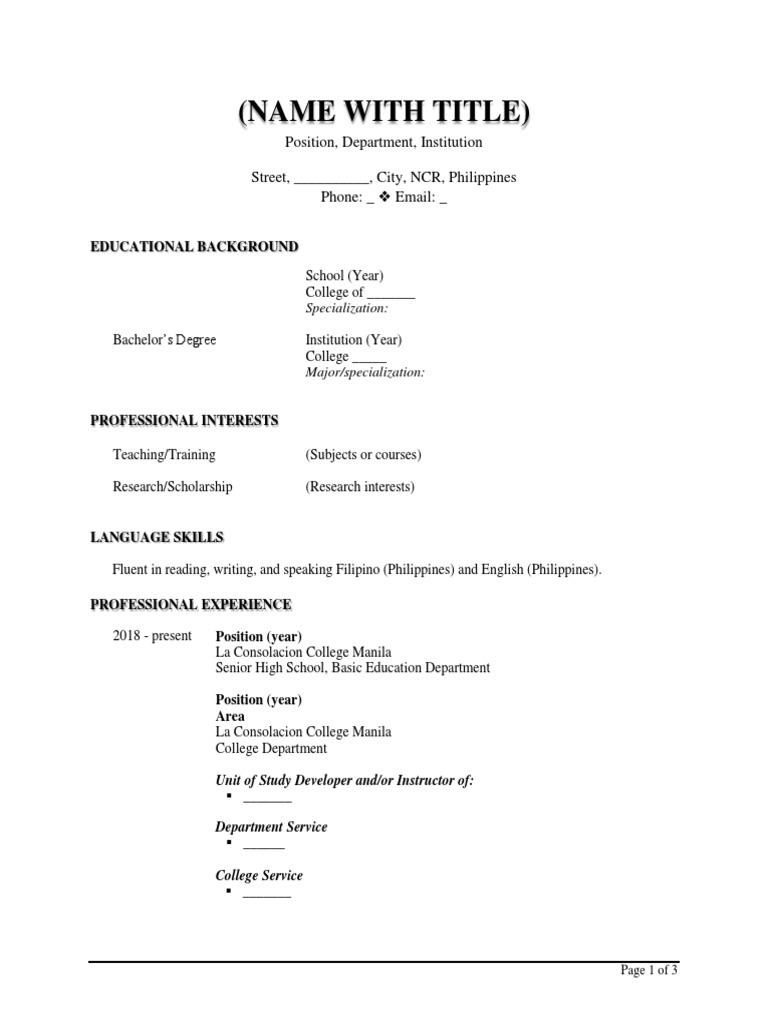 Curriculum Vitae Template for Philippines | PDF | College | Philippines
