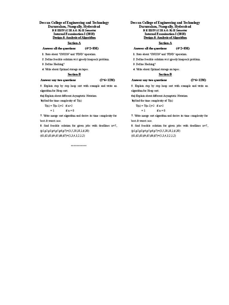 DAA First-Internal Question Paper (2018) 3.4 | PDF | Time Complexity ...
