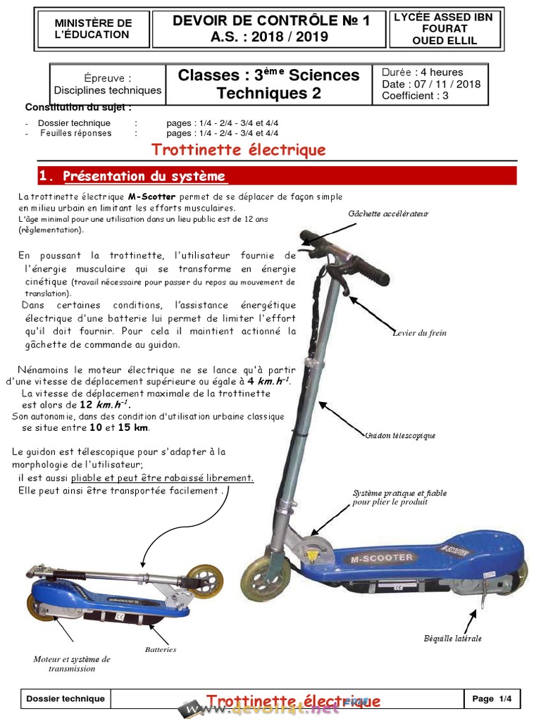 Devoir de Contrôle N°1 Avec Correction - Génie Mécanique - Trottinette Electrique - 3ème ...