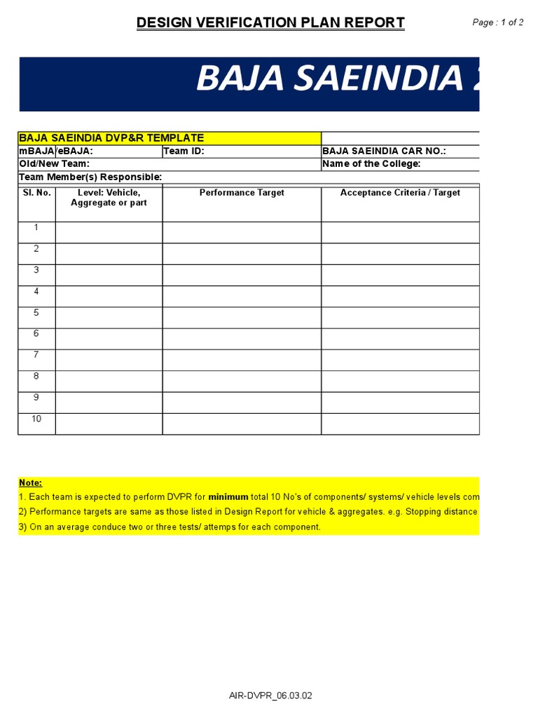 Design Verification Plan for BAJA SAE Vehicle Testing and Validation | PDF
