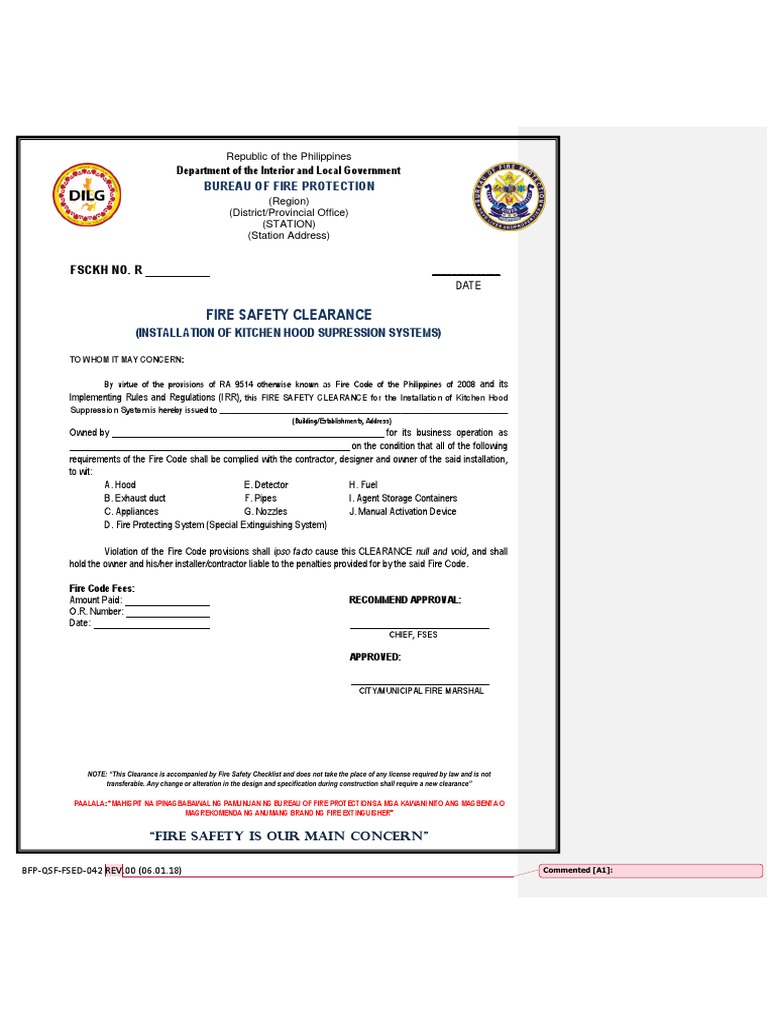 FSED 042 Fire Safety Clearance Installation of Kitchen Hood Supression ...