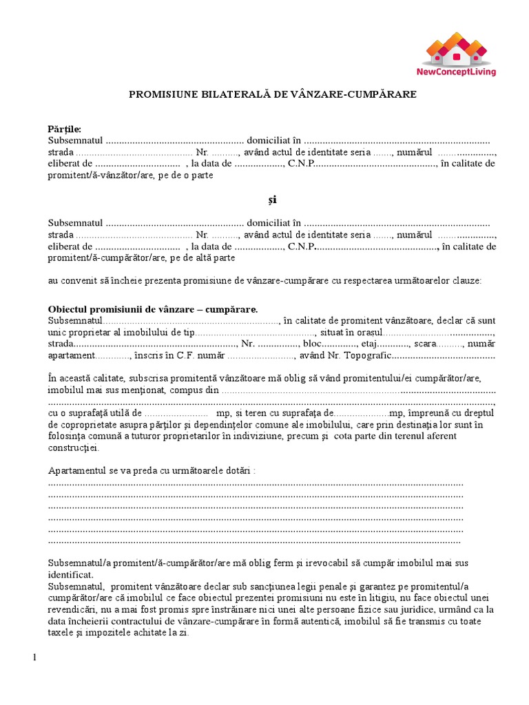 Promisiune Bilaterala de Vanzare - Cumparare | PDF