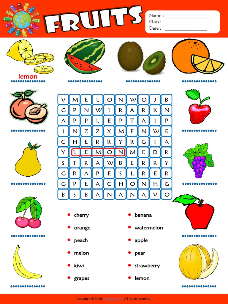 Fruits Esl Vocabulary Word Search Worksheet For Kids | PDF