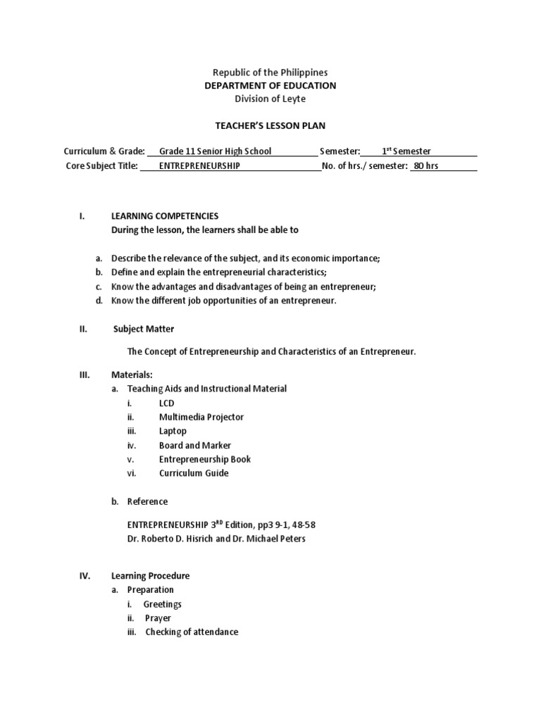 Lesson Plan Entrep (EDITED) | PDF | Entrepreneurship | Lesson Plan
