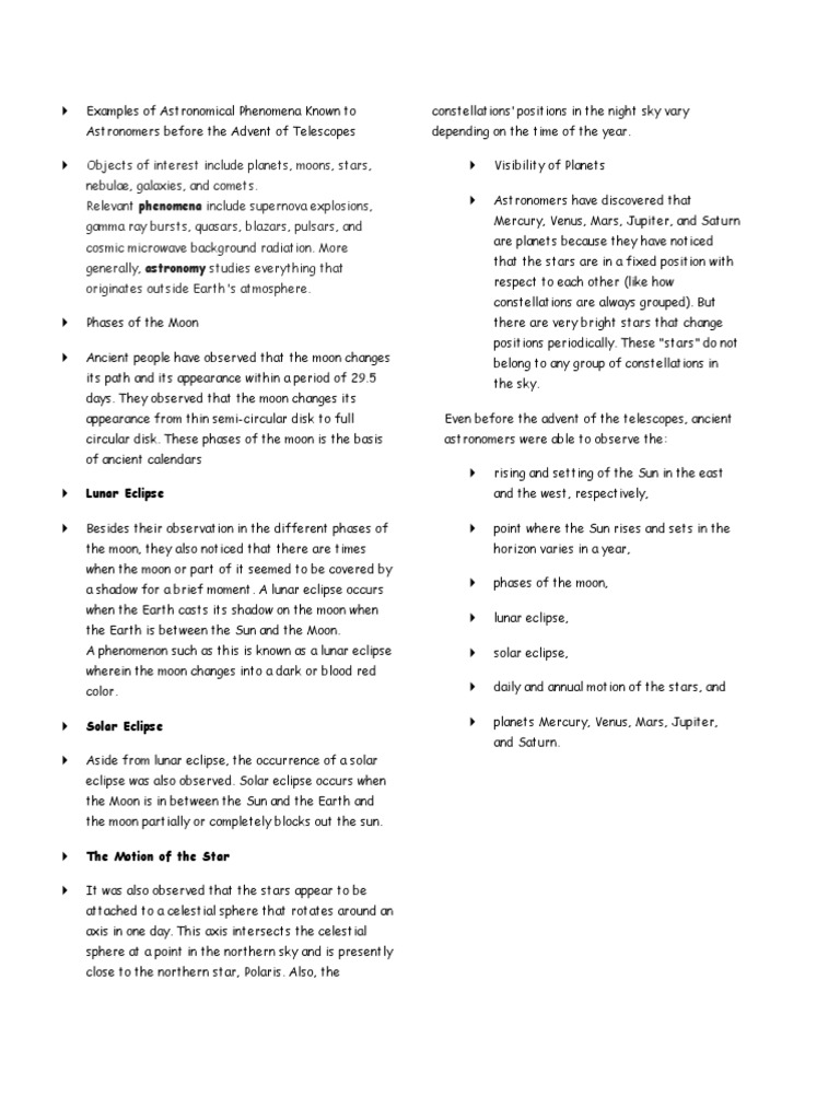 Examples of Astronomical Phenomena Known To Astronomers Before The ...