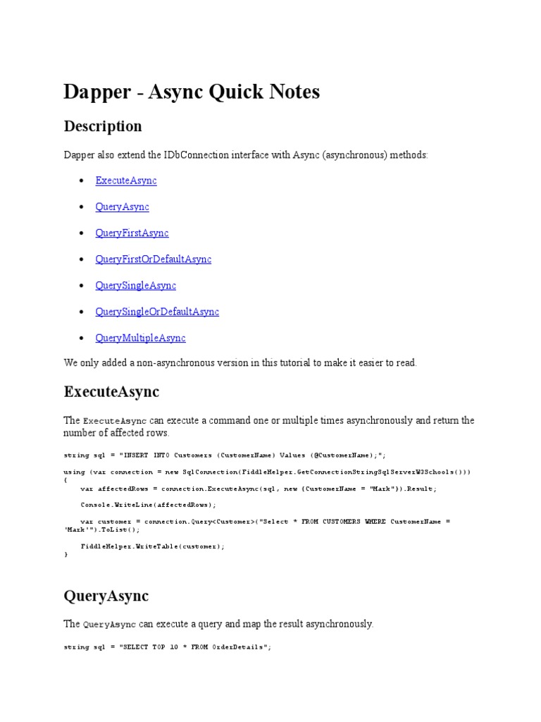 Dapper Ansyc Functions Quick Notes | PDF | Sql | Computer Programming Dapper Ansyc Functions Quick Notes | PDF | Sql | Computer Programming