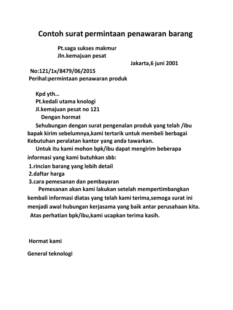 Contoh Surat Permintaan Penawaran Barang | PDF