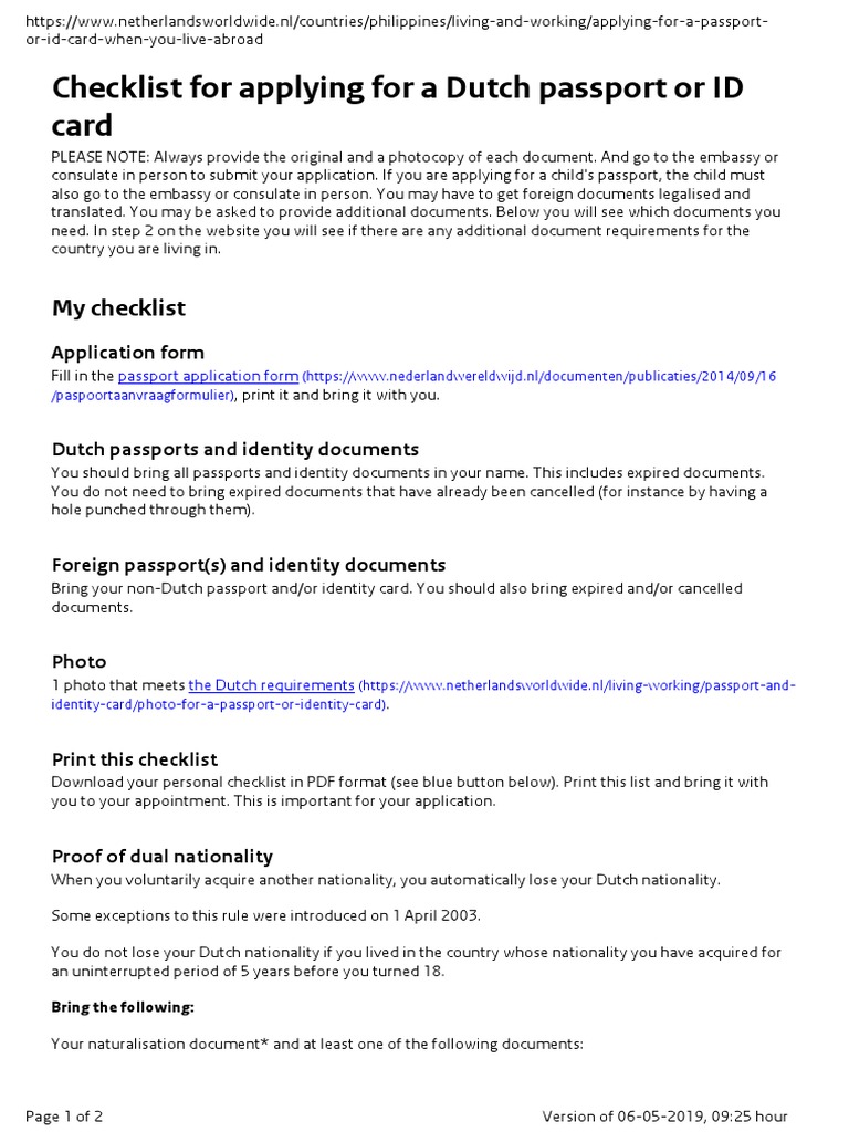 Dutch Passport Application Checklist | PDF | Identity Document | Passport