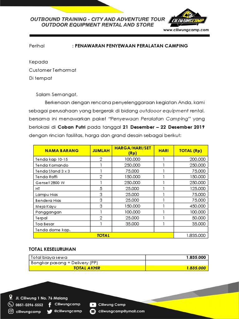 Penawaran Penyewaan Peralatan Camping Diftha | PDF | Griya & Taman ...