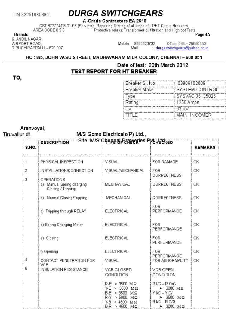 VCB Testing Report for HT Breakers | PDF | Relay | Power (Physics)