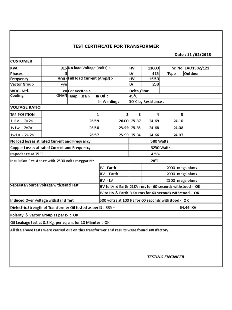 Test Certificate For HT Transformers | PDF | Transformer | Electrical ...