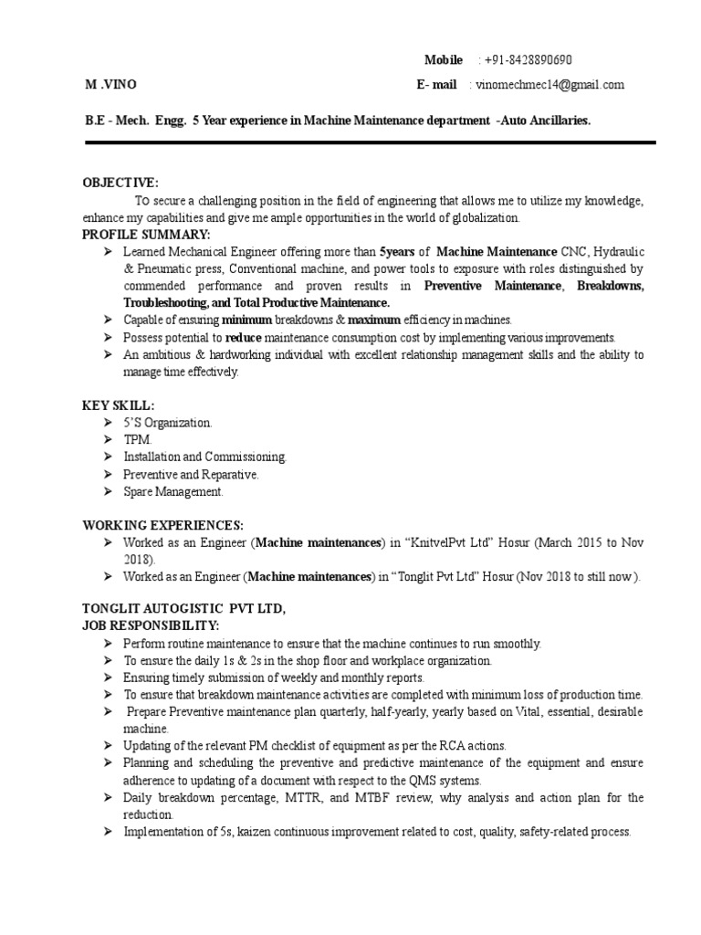 Maintenance Engineer | PDF | Machines | Engineering