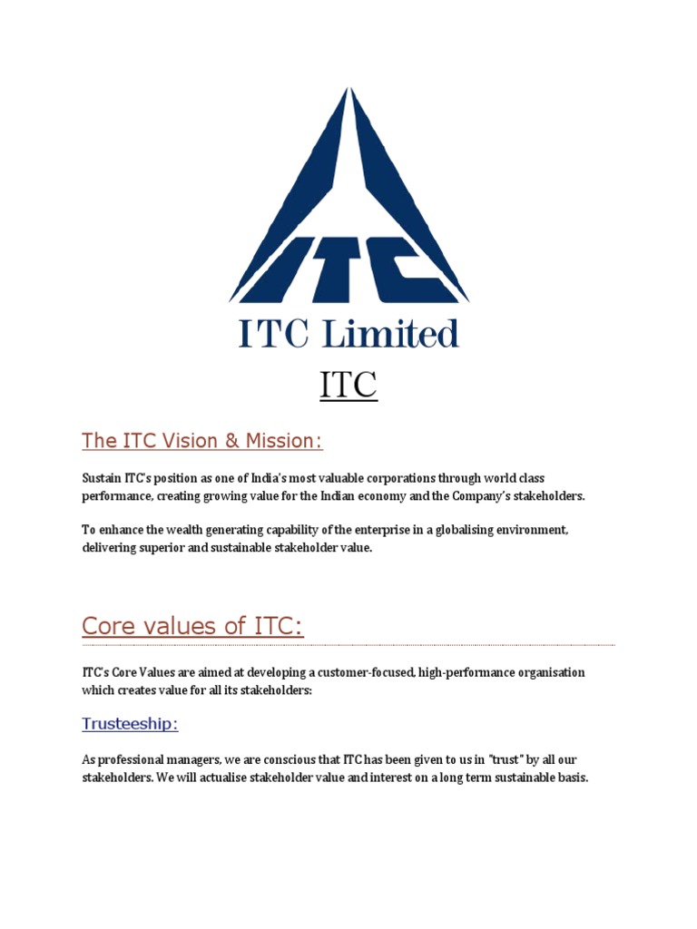 Core Values of ITC:: The ITC Vision & Mission | PDF | Business | Economies