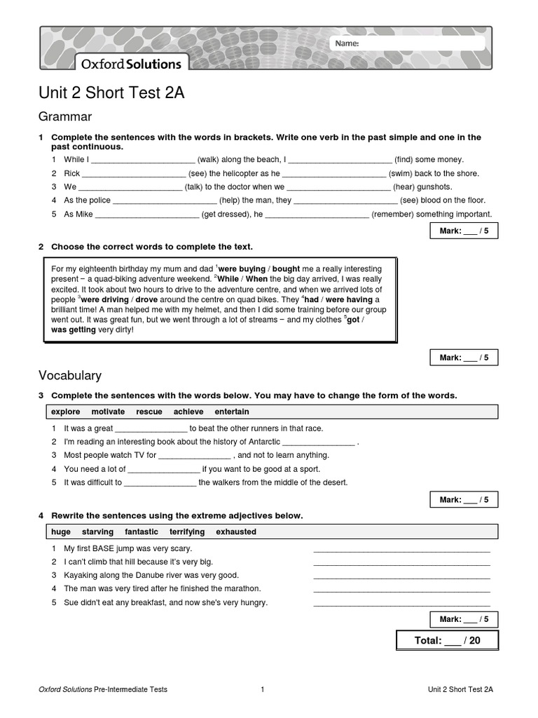 Oxford Solutions Pre-Int Short Test Unit 2 2A | PDF