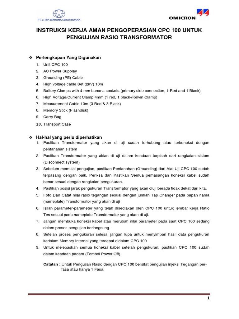 Prosedur Uji Rasio Transformator CPC 100 | PDF