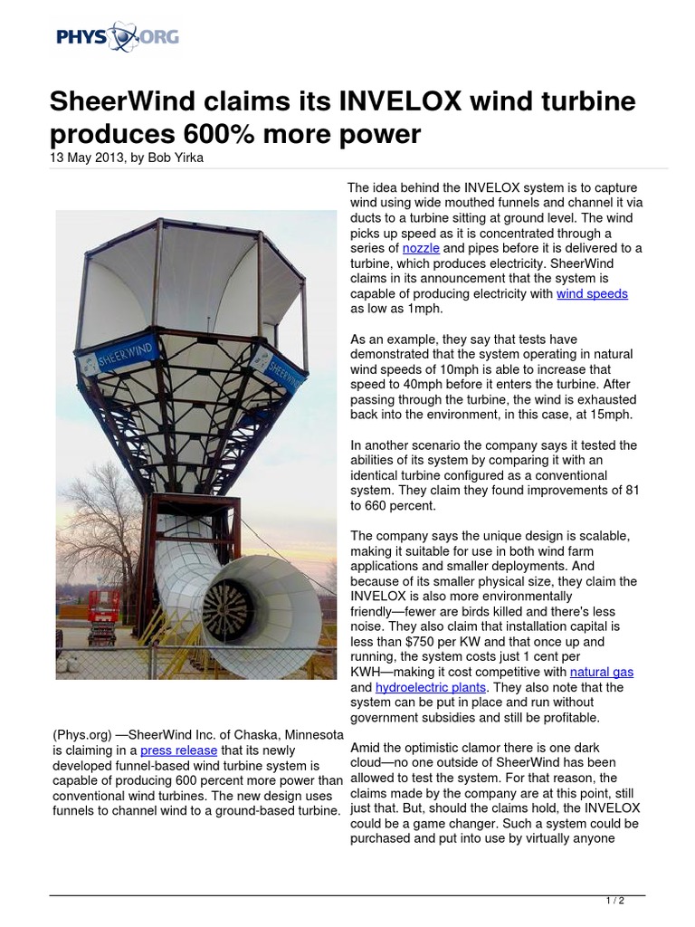 2013 05 Sheerwind Invelox Turbine Power PDF | PDF | Renewable Resources ...