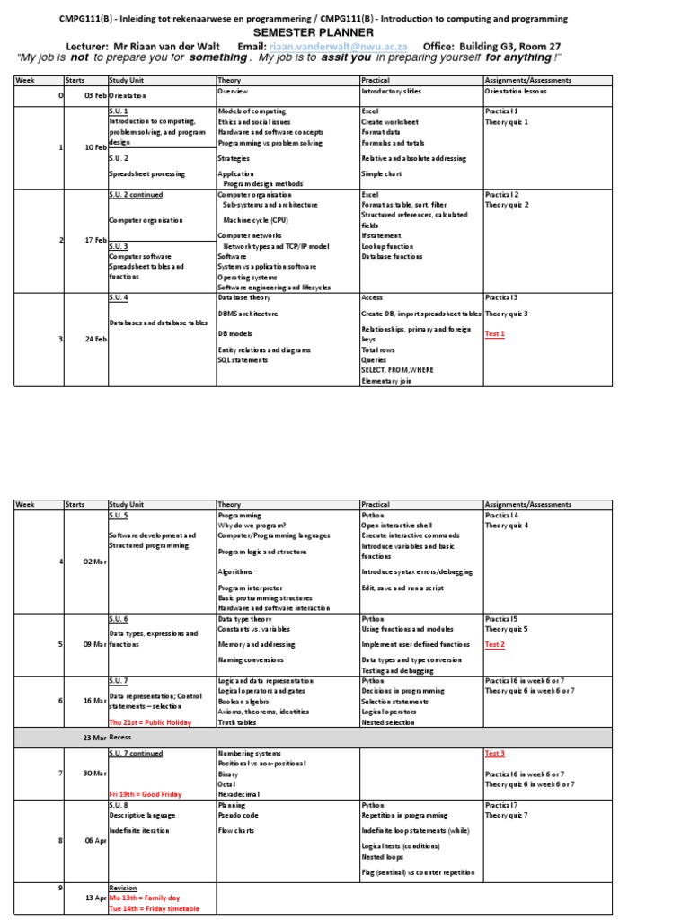 CMPG111 Semester Planner | PDF | Databases | Programming Language