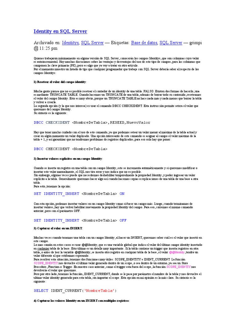 Identity en SQL | PDF | SQL | Tabla (base de datos)