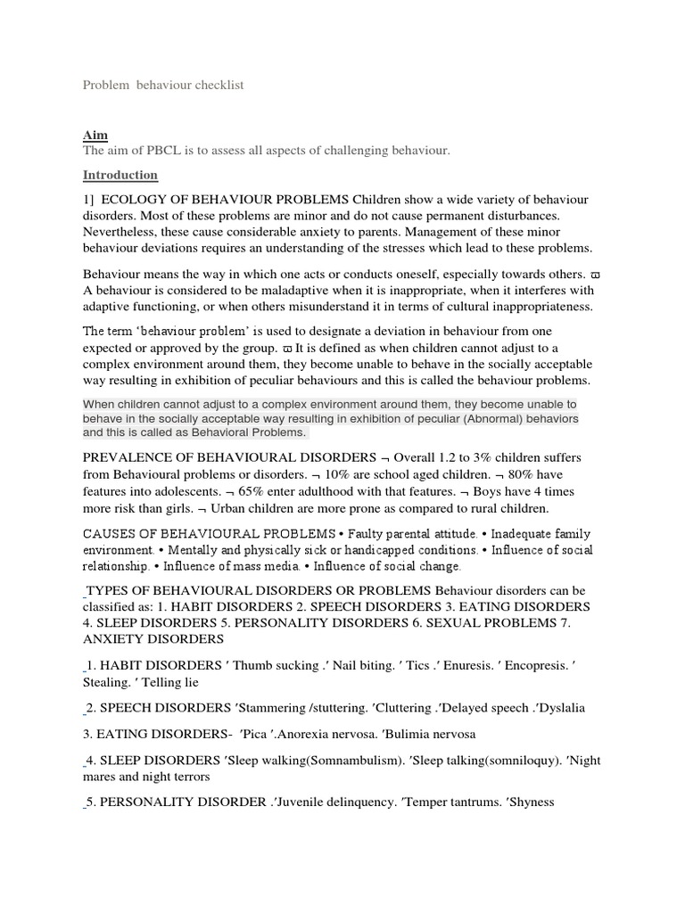 Problem Behaviour Checklist | PDF | Mental Disorder | Behavior